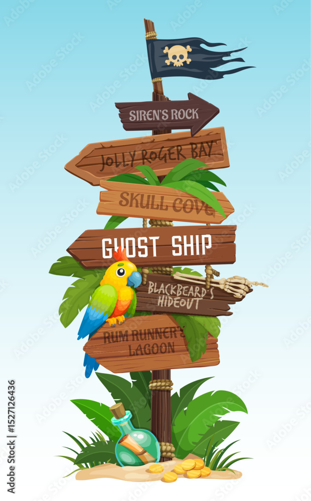 Cartoon pirate wooden signboard, corsairs signage with planks labeled ...