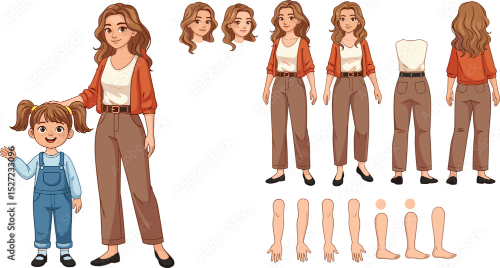 Mother with daughter characters. Constructor for animation. Front, side ...
