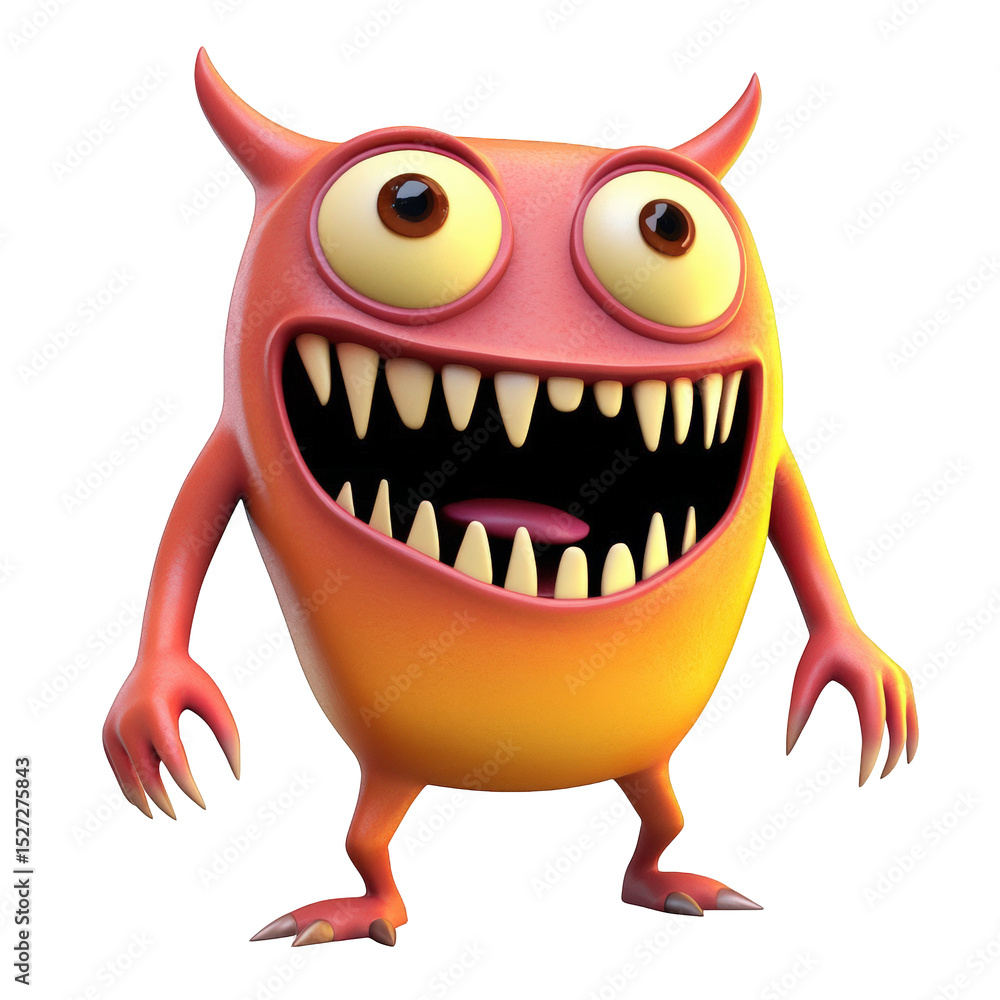 Happy orange cartoon monster with sharp teeth and horns smiling big ...