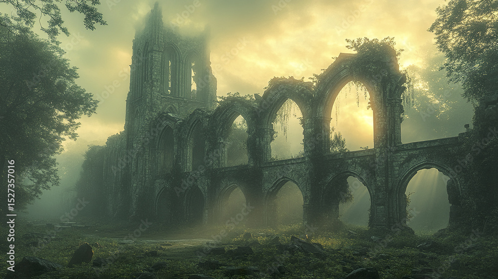 Ancient abbey ruins shrouded in mist, with arches covered in vines ...