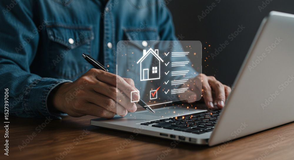 Person using laptop to complete a home inspection checklist with a pen ...
