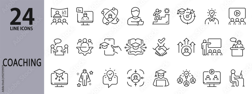Coaching line icons set with Training, Education, E-Learning ...
