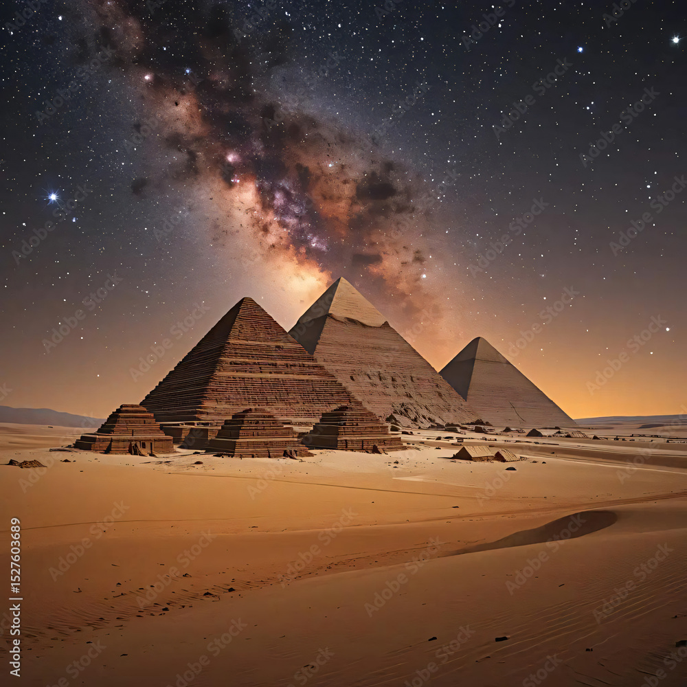 Exploring Ancient Pyramids Under a Starry Night Sky Landscape Stock ...