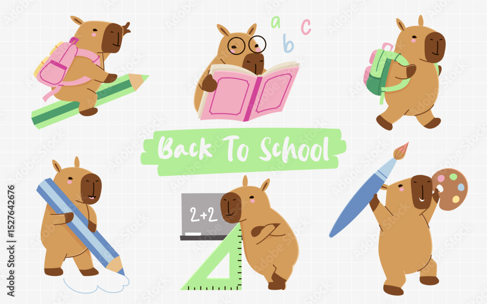Funny capybara cartoon character with studying accessories back to ...