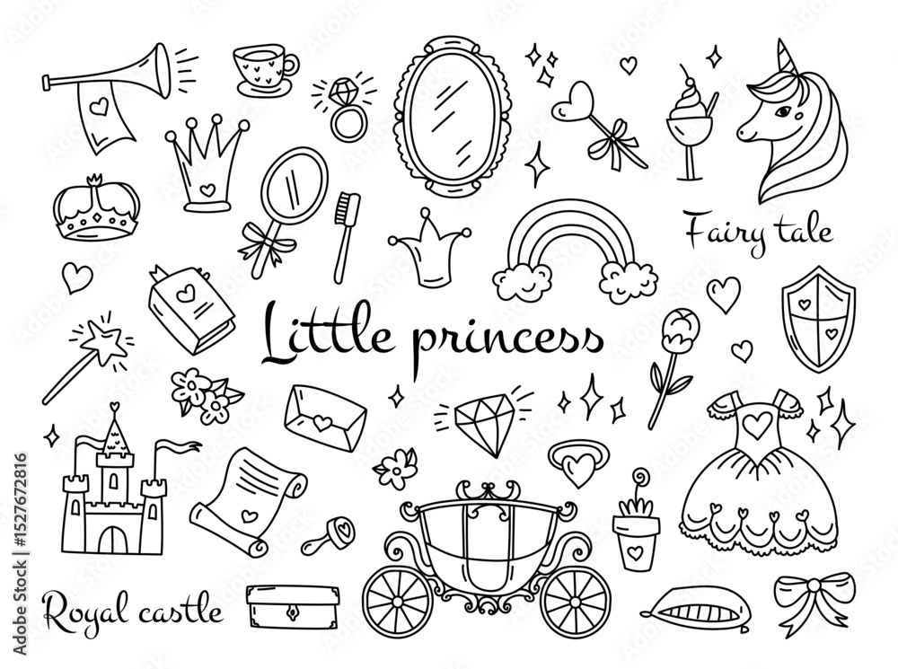 Little princess fairytale doodles set with cute fantasy decorative ...