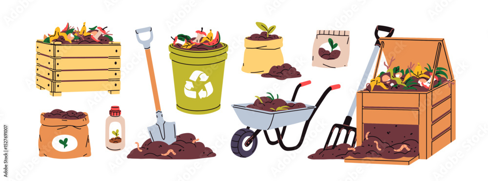 Compost set, organic food waste, dirt, soil. Biodegradable garbage ...