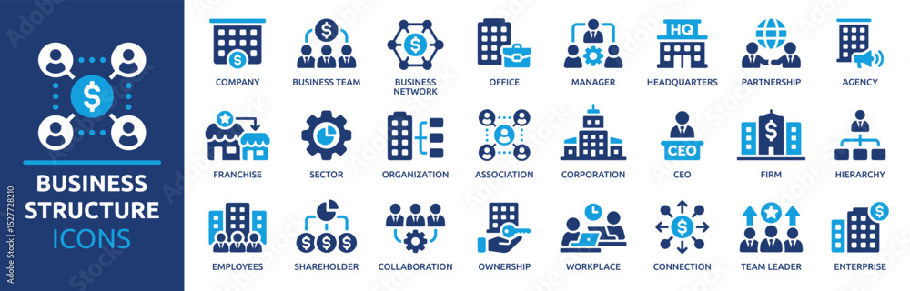 Business structure icon set. Company, office, business network ...