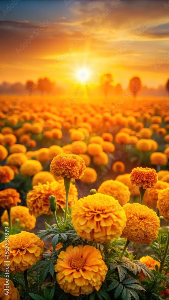 Warm sunrise over a field of marigolds with vibrant yellow and orange ...