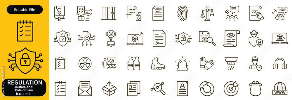 Regulation line editable icon set. Containing rules, authority, conduct ...