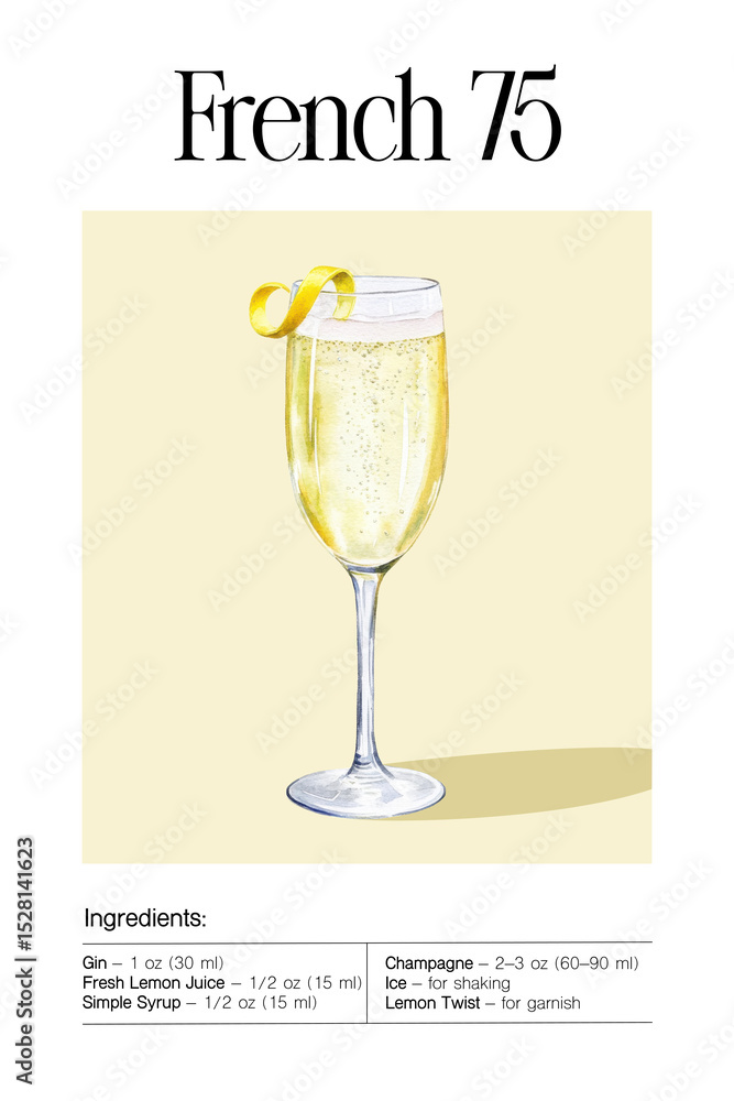 French 75 cocktail recipe with watercolor illustration of champagne ...