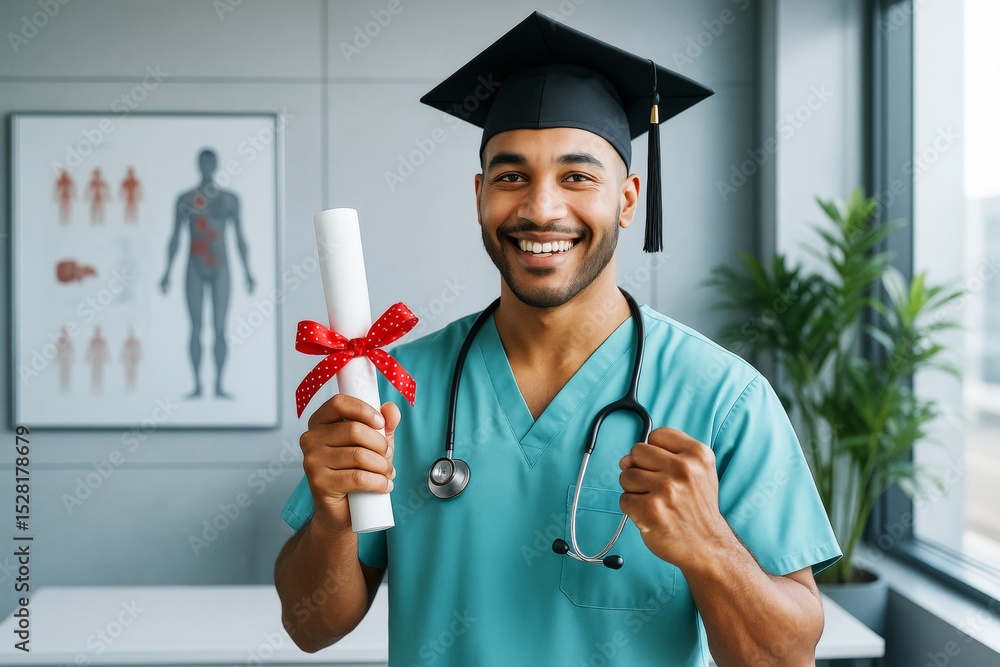 Smiling medical student in scrubs and graduation cap holding diploma in ...