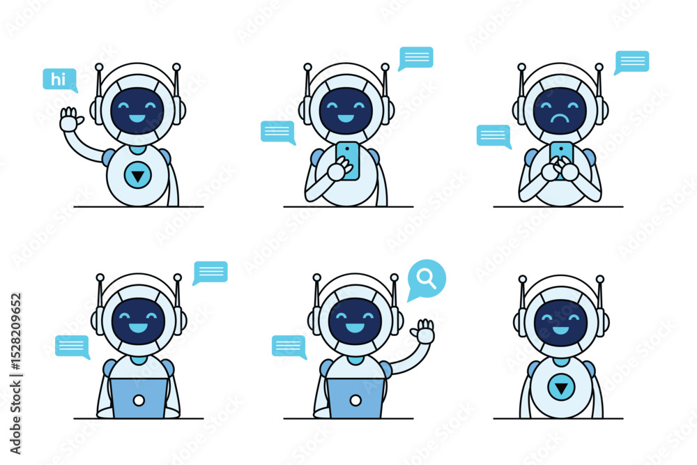 Collection of Cute Robot Illustrations AI Chatbot Characters in Various ...