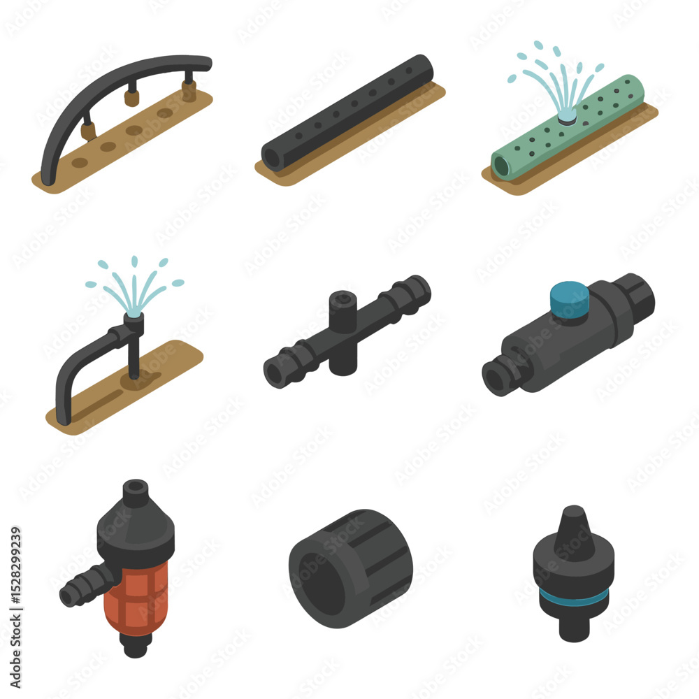 Irrigation Hose System Icons. Isometric Flat icon set of Irrigation system hose setups: drip ...