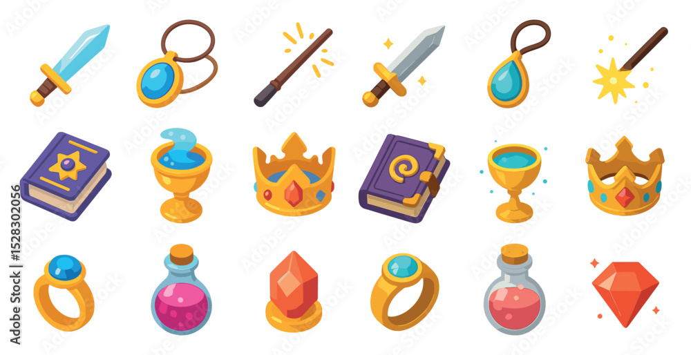 Fantasy game icons collection featuring swords, crowns, and magic items ...