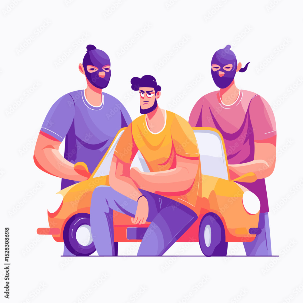Carjacking Scene: Two masked figures corner a man near a vehicle, a ...