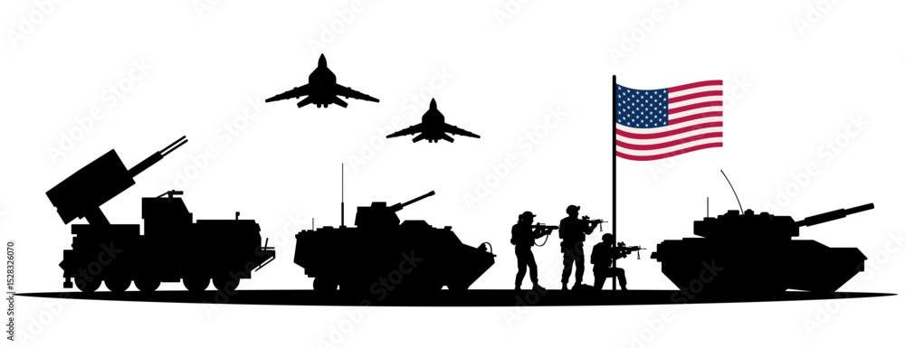 US Army military forces silhouette. Soldiers, M1 Abrams tank, MLRS ...
