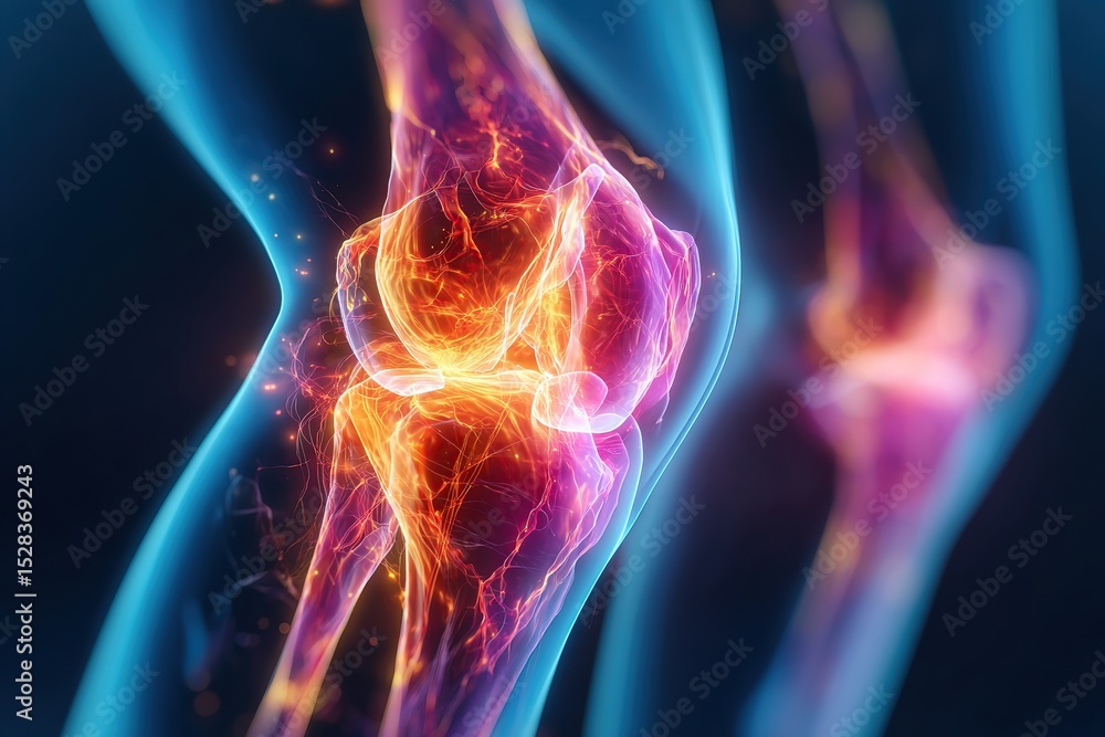Detailed illustration of a human knee joint highlighting anatomy and ...