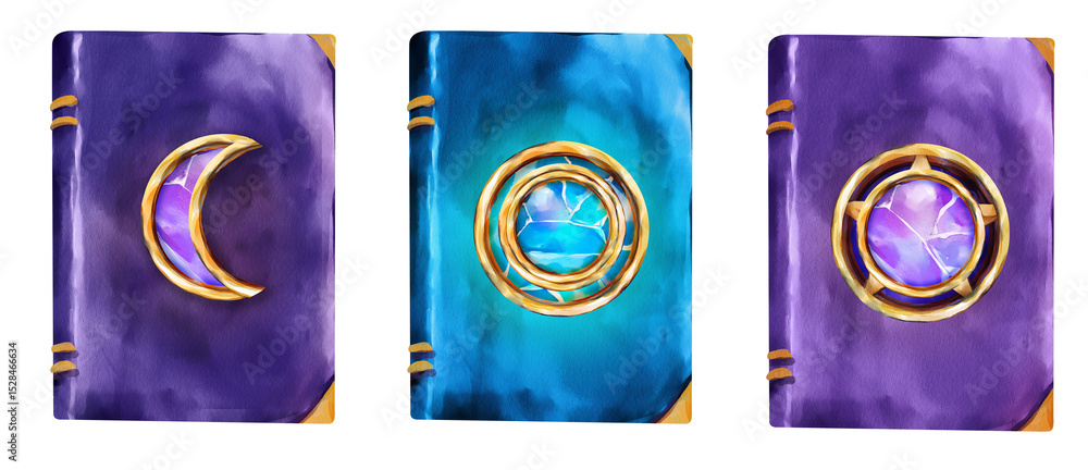 Watercolor illustration of three magic books with mystical covers: one ...