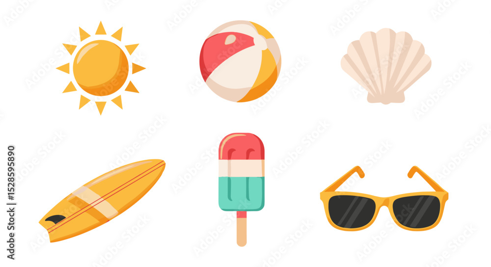 Summer beach vacation items vector illustration sun surfboard seashell ...