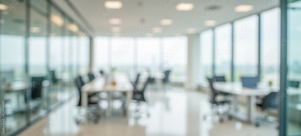 Bright blurred office background with glass walls and desks in modern ...