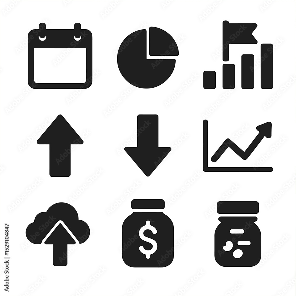 Budget Planning Icons. Solid, Filled icon set of monthly budget ...