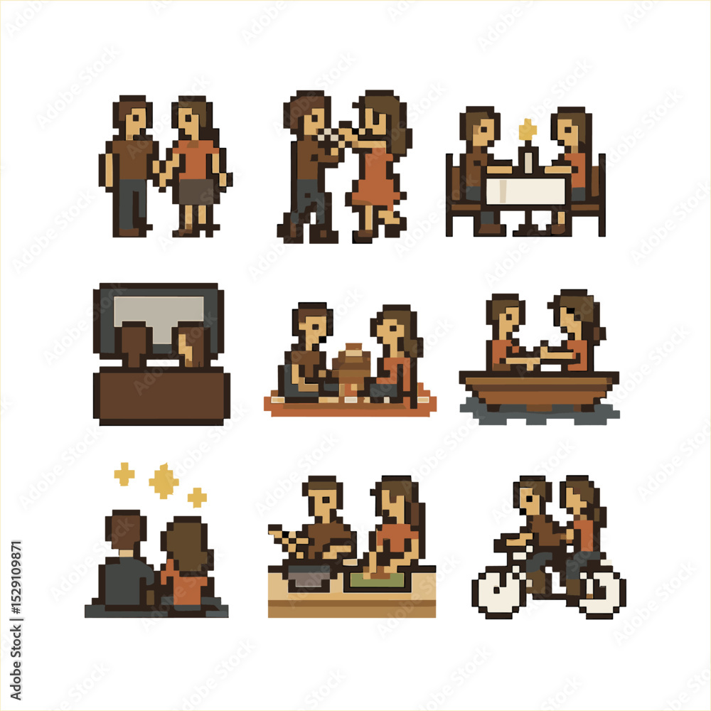 Stock-Vektorgrafik „Couple Activities Icons. Pixel art icon set of ...