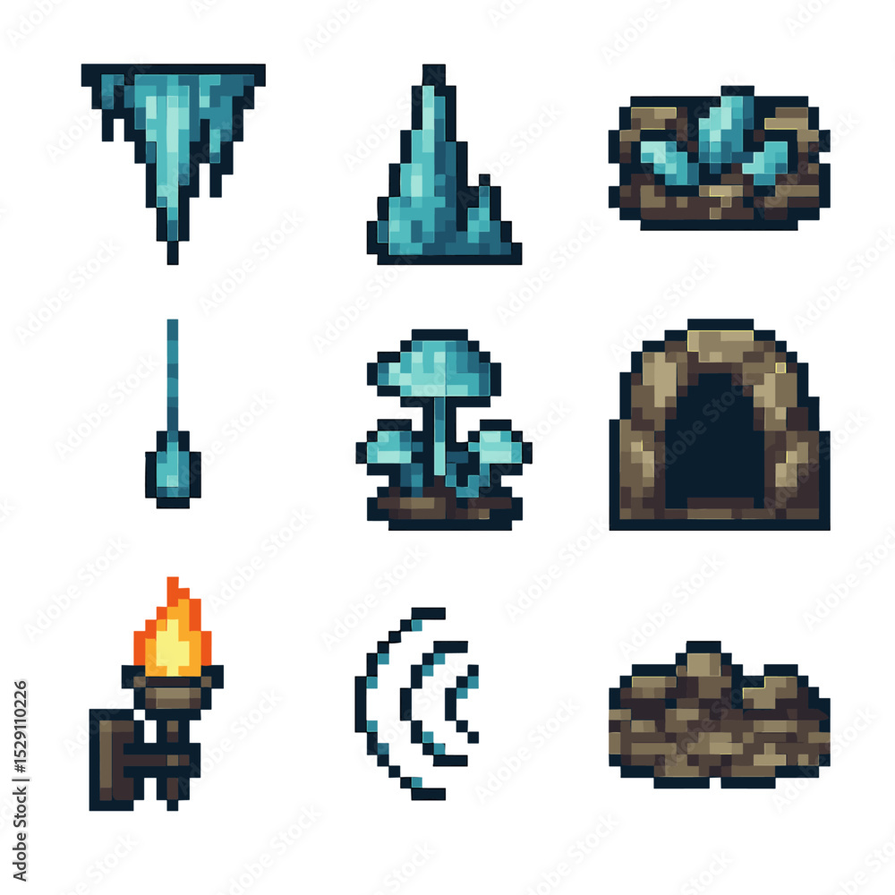 Stock-Vektorgrafik „Crystal Cavern Icons. Pixel art icon set of crystal ...