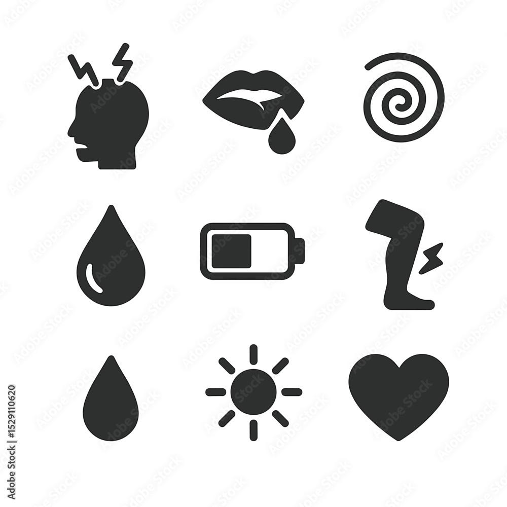 Dehydration Symptoms Icons. Flat icon set of dehydration symptoms ...