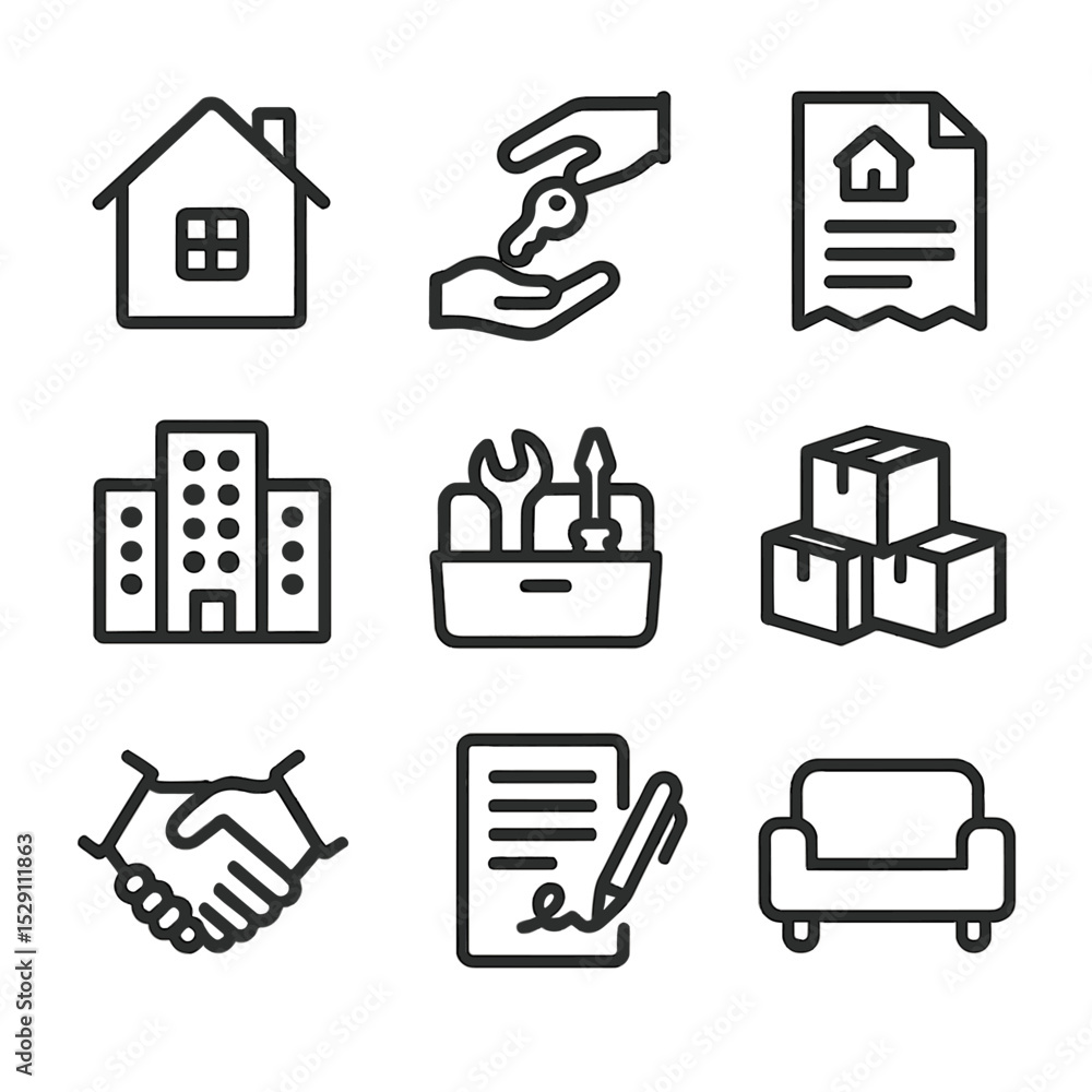 Housing Services Icons. Outline icon set of housing assistance services ...