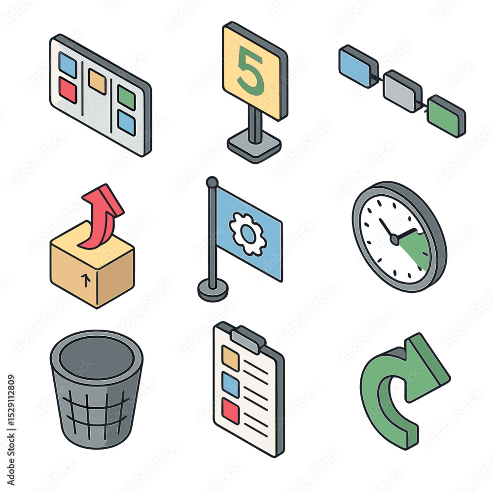 Стоковое векторное изображение «Lean Manufacturing Icon Set. Isometric Flat icon set of lean ...