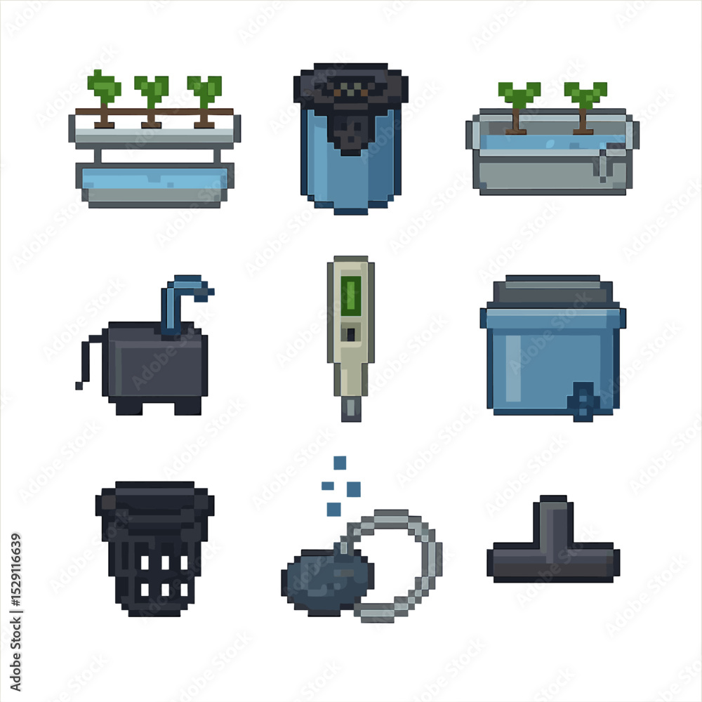 Hydroponic System Icons. Pixel art icon set of hydroponic systems: nutrient film technique tray ...