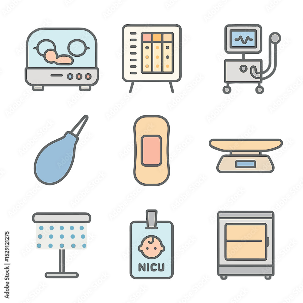 Neonatal Care Icons. Flat icon set of neonatal care: incubator, Apgar ...