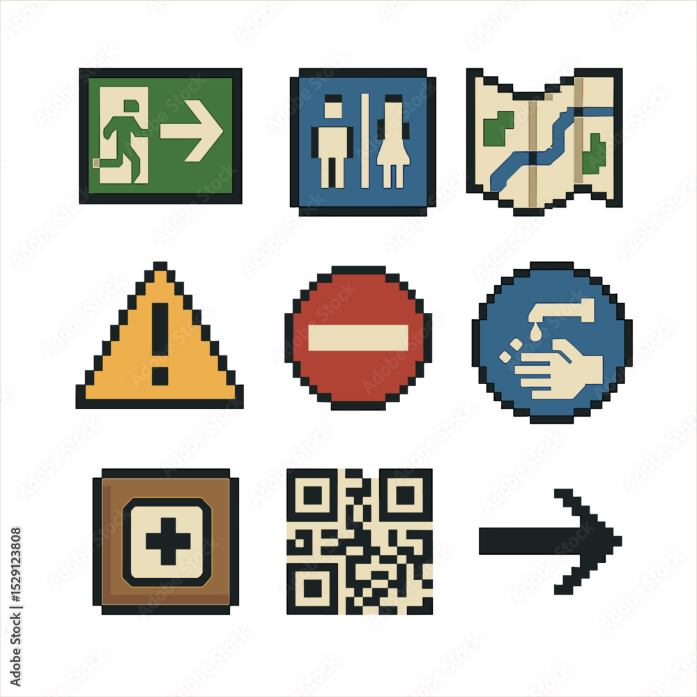 Pixel Art Signage Icons. Pixel art icon set of signage and wayfinding ...