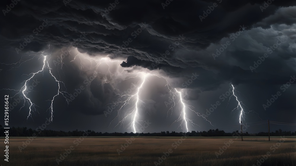 Dramatic Stormy Sky with Multiple Lightning Strikes Over Open Field ...
