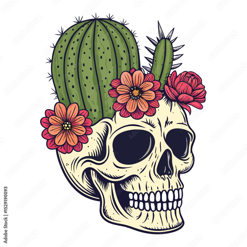 Surreal digital painting of a cactus skull with vibrant flowers ...