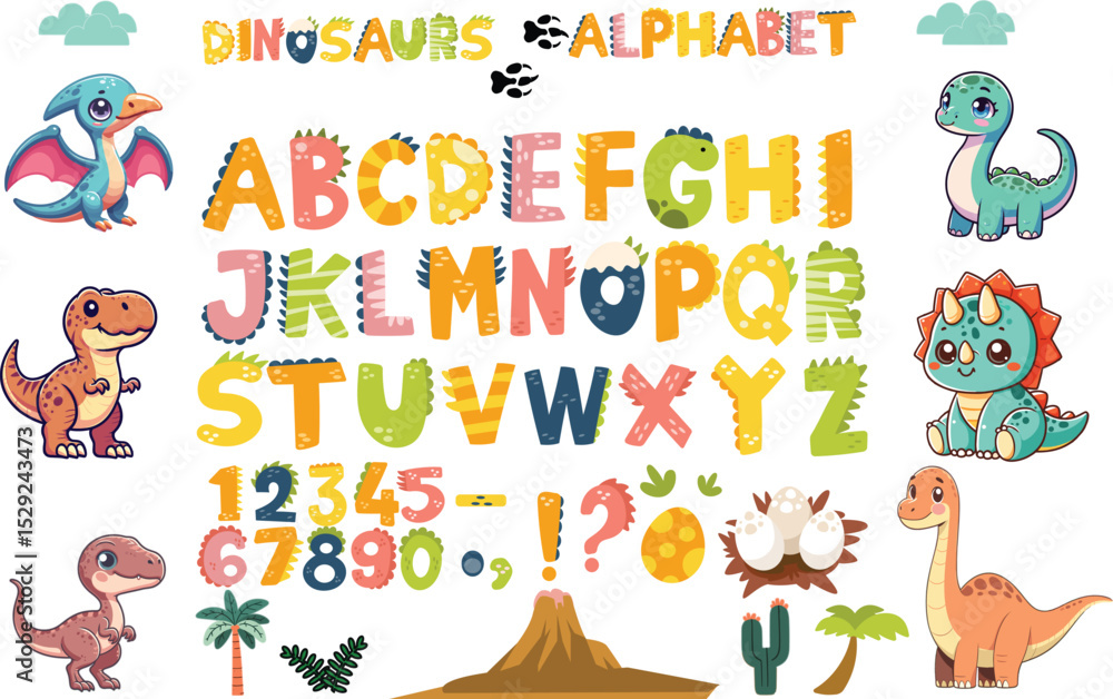 Praca wektorowa bez tantiem: Cartoon dino font. Dinosaur alphabet ...