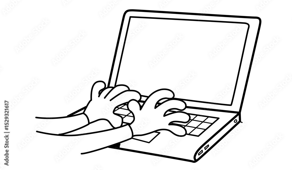 Cartoon hands typing rapidly on a laptop keyboard in a focused effort ...