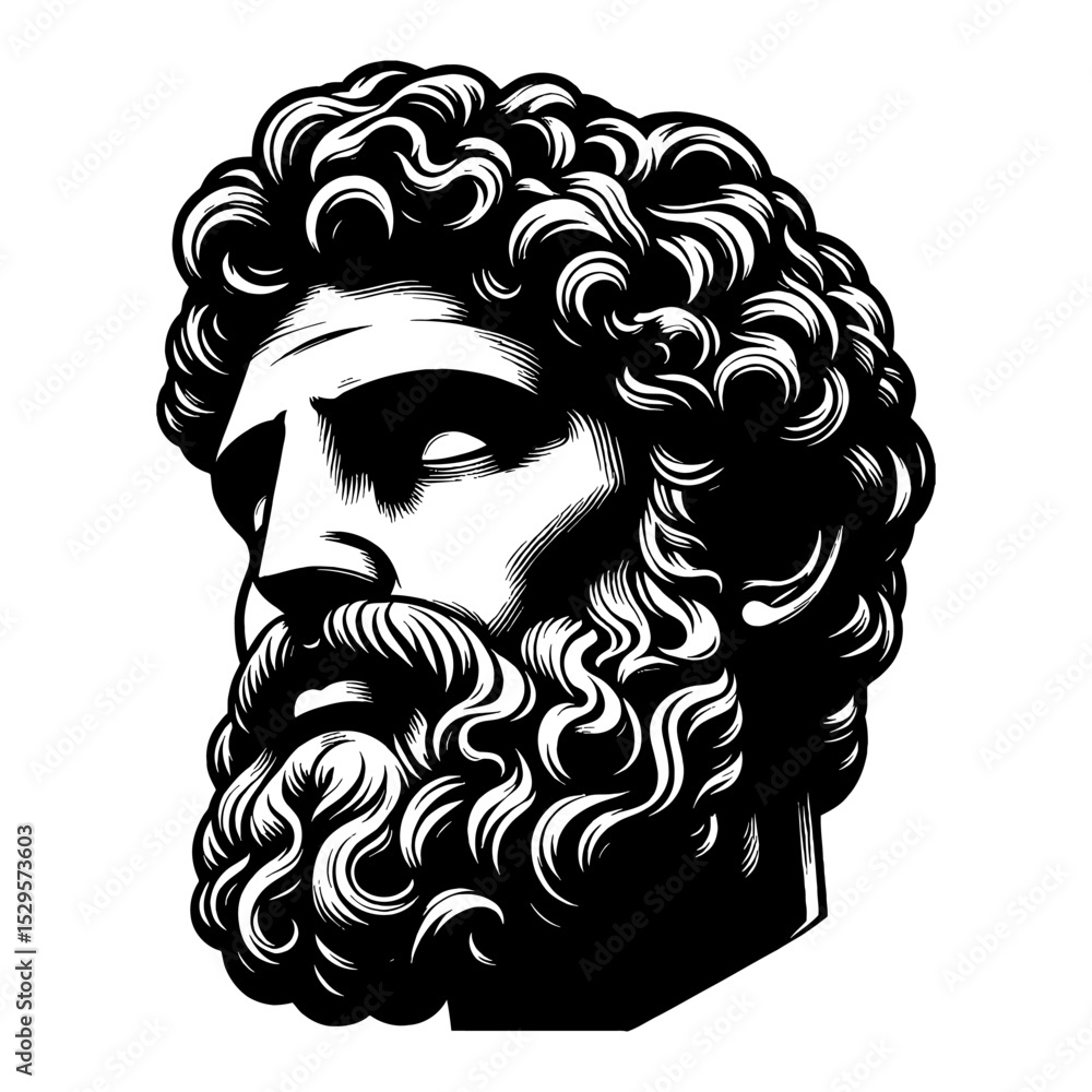 Bearded Greek Statue Head Side Profile Black and White Outline Line Art ...
