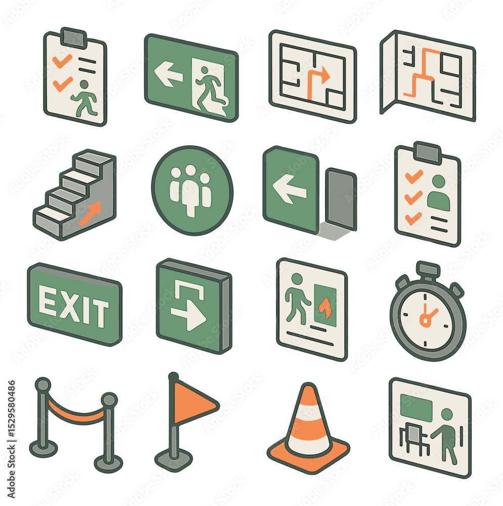 Evacuation procedures isometric set. fire drill checklist, emergency ...