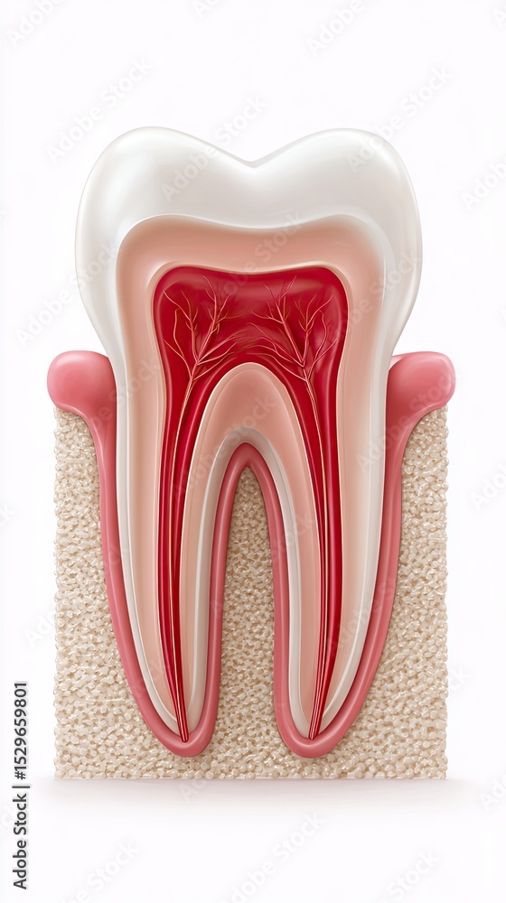 Detailed tooth root anatomy illustration with nerve structure, dental ...