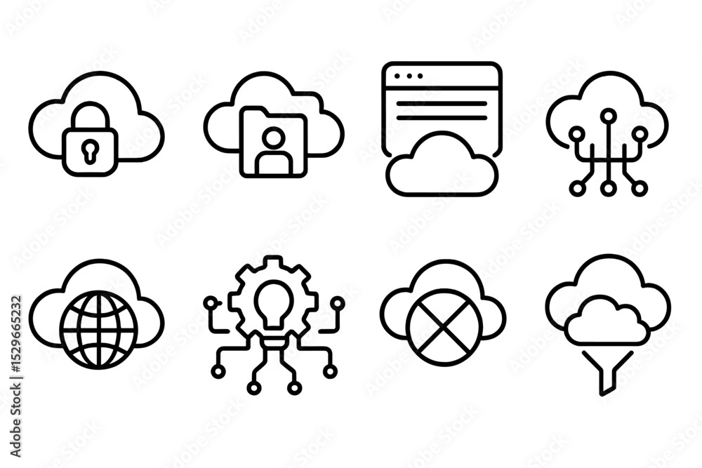 Cloud Service Icons. Line style icons of cloud services: private cloud ...