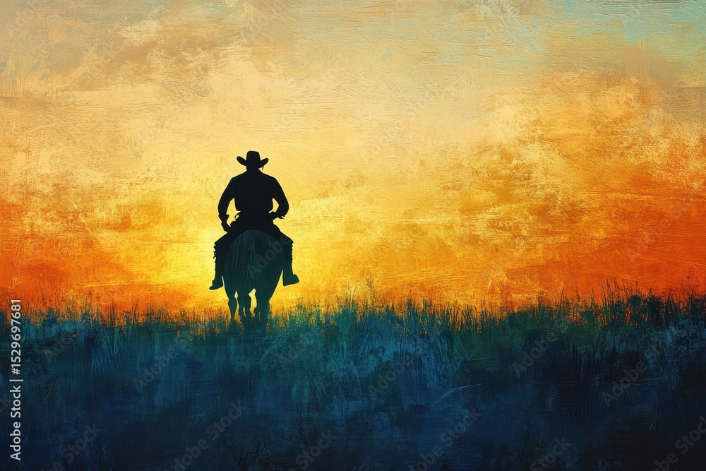 Cowboy Riding Into Sunset. Old West Silhouette Landscape Painting with ...