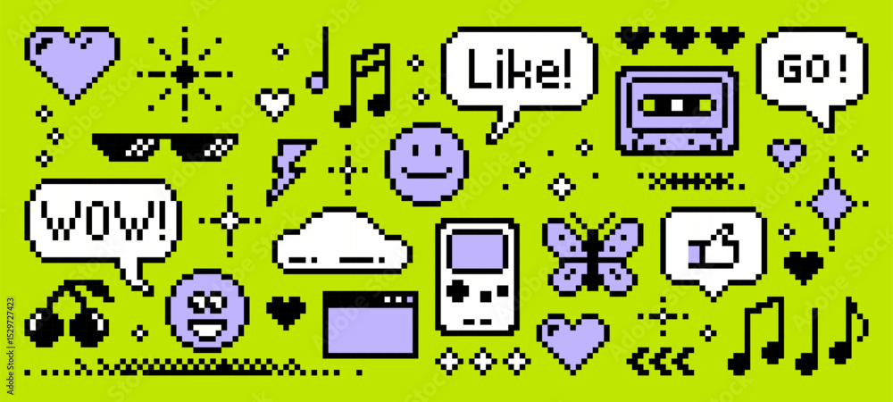 Pixel art y2k vector collection with heart, cloud, smiley face, and ...