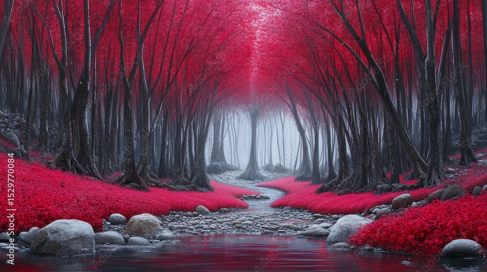 Red forest stream, mystical path, foggy background, fantasy landscape ...