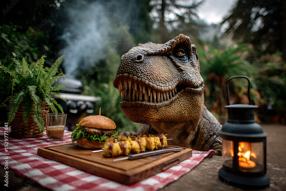 Dinosaur BBQ picnic in prehistoric jungle with T-rex using massive ...