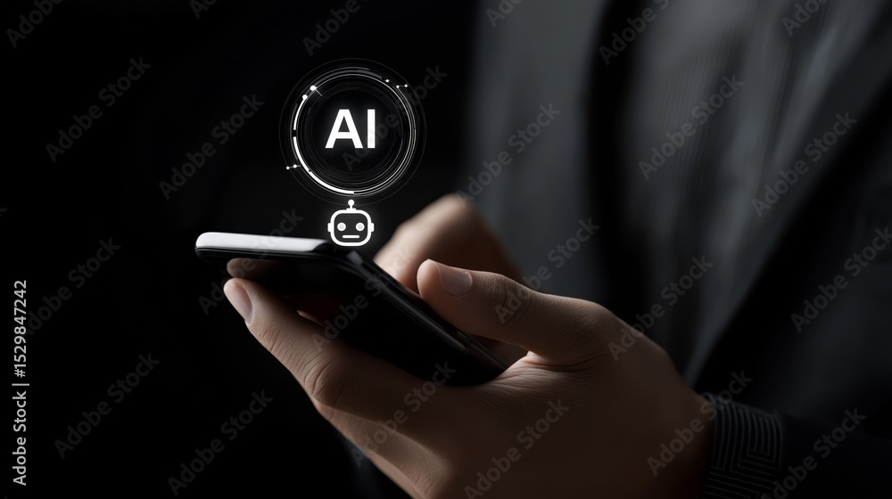 Businessman using an AI assistant, hand of a businessman touching ...