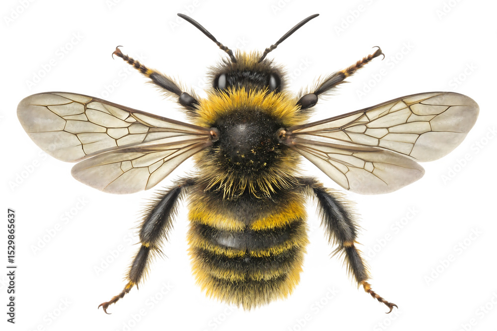 Detailed top down view of a fluffy bumblebee isolated against a clean ...
