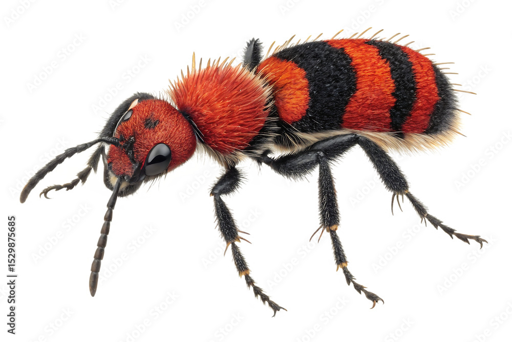 Detailed macro photograph of a red velvet ant insect displaying ...