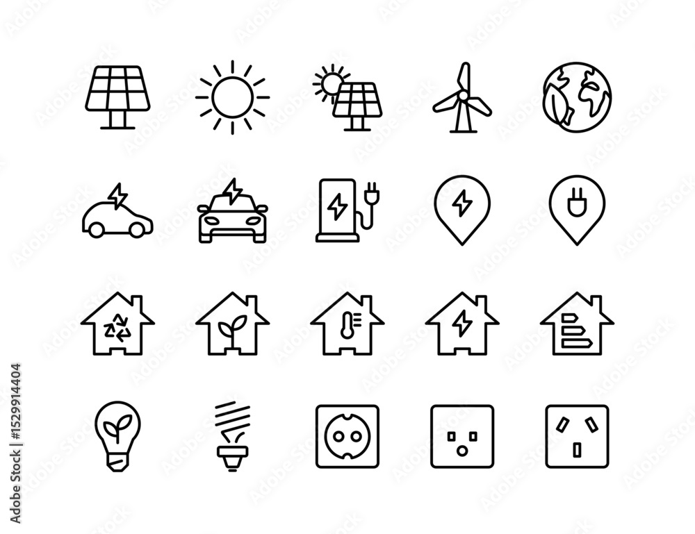 Energy Saving Vector Icon Set | Adjustable Line Weight | Solar panel ...