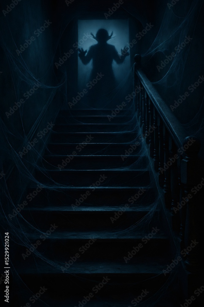 Creepy monster silhouette appearing behind cobweb covered stairs ...